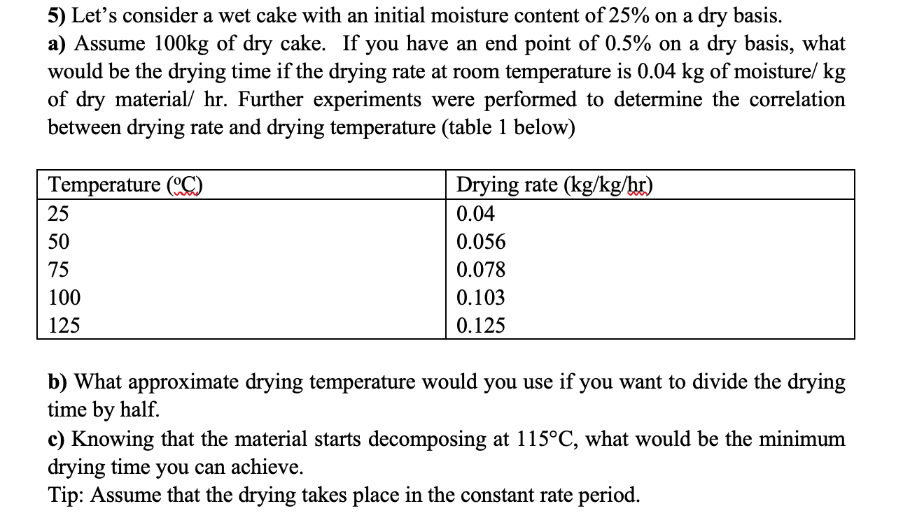 Solved 5) Let's consider a wet cake with an initial moisture | Chegg.com