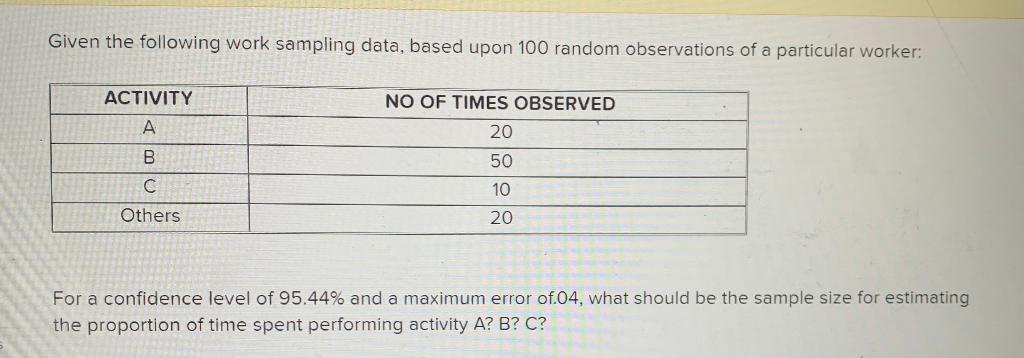 Solved Given the following work sampling data, based upon | Chegg.com