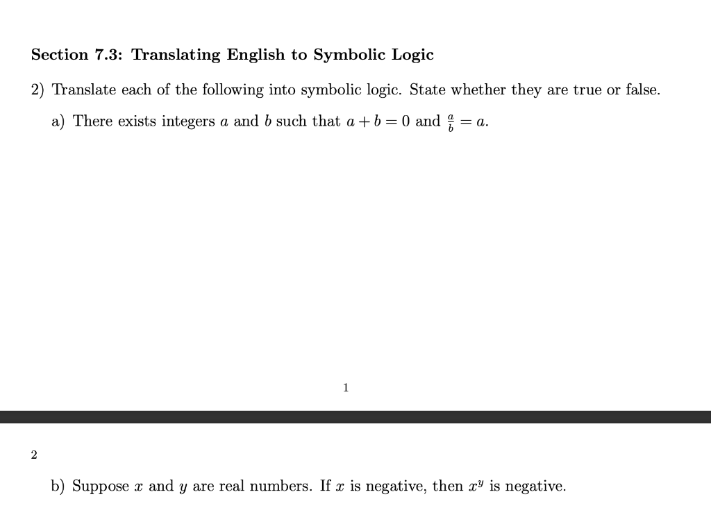 Solved Section 7.3: Translating English to Symbolic Logic 2) | Chegg.com