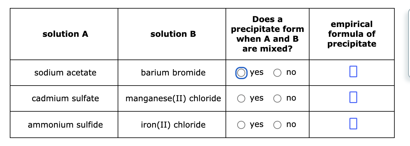 Solved solution A solution B Does a precipitate form when A | Chegg.com