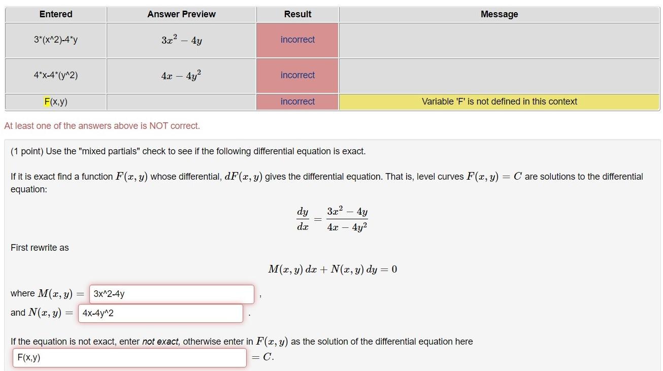 Solved Entered Answer Preview Result Message 3*(x^2)-4*y | Chegg.com
