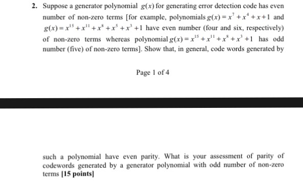 Solved Suppose a generator polynomial g(x) for generating | Chegg.com