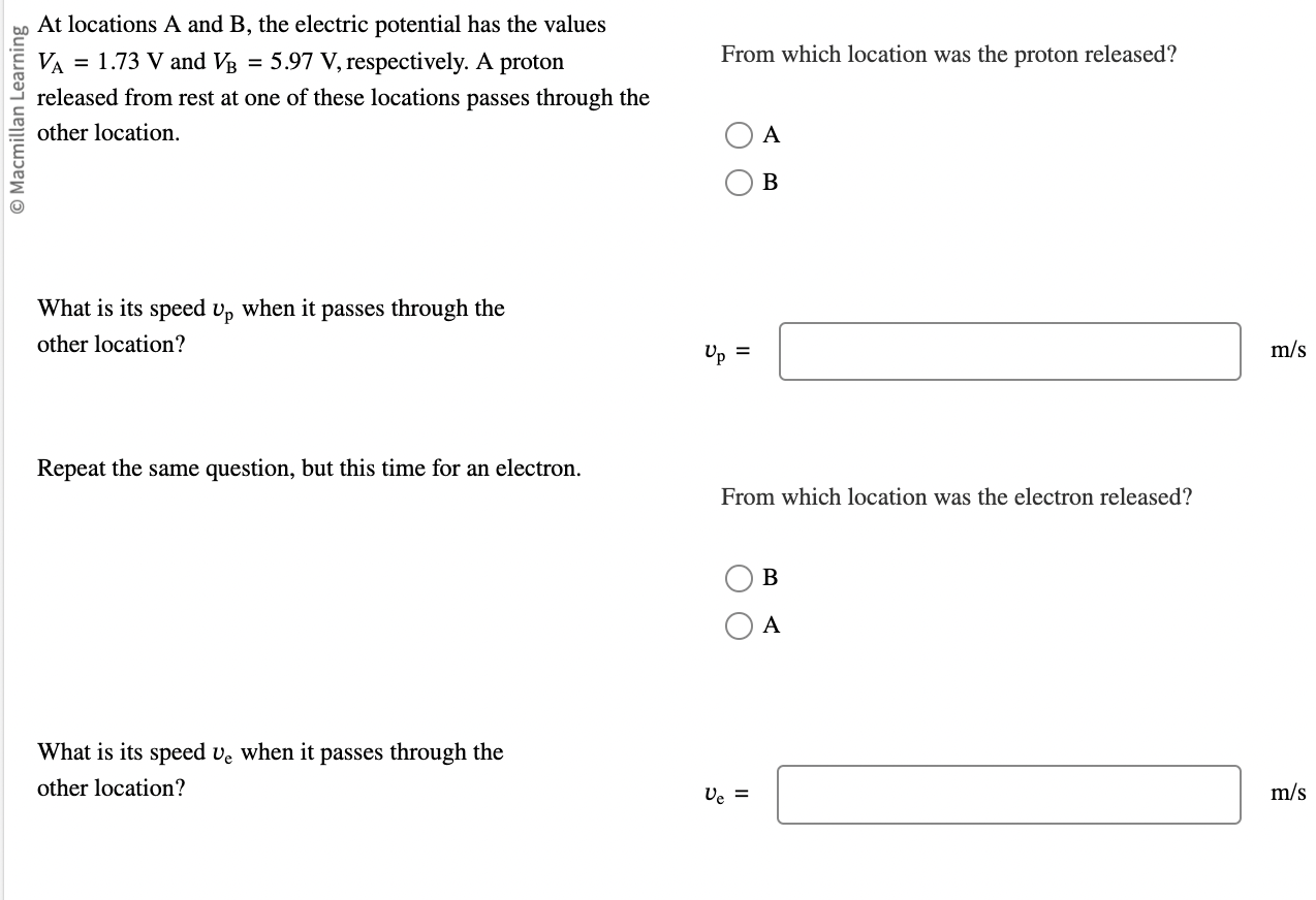 Solved At locations A and B, ﻿the electric potential has the | Chegg.com