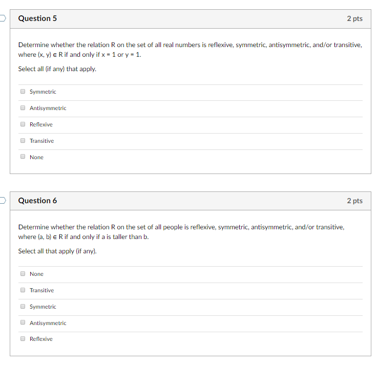 Solved Question 5 2 pts Determine whether the relation R on | Chegg.com