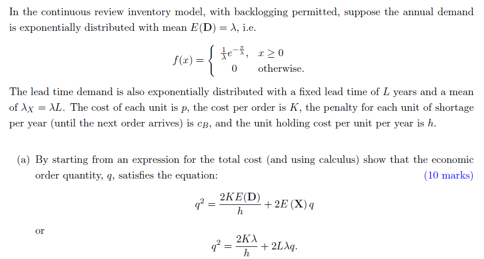 Solved In the continuous review inventory model, with | Chegg.com