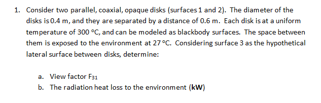 Solved 1. Consider two parallel, coaxial, opaque disks | Chegg.com