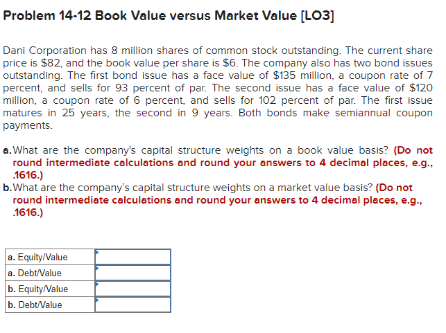 Solved Problem 14-12 ﻿Book Value versus Market Value | Chegg.com