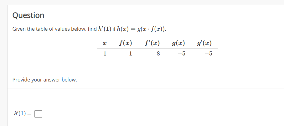 Solved QuestionGiven the table of values below, find h'(1) | Chegg.com