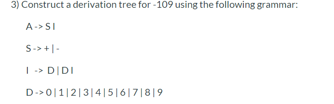 Solved 3) Construct a derivation tree for - 109 using the | Chegg.com
