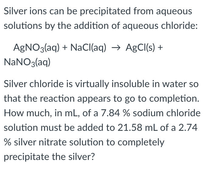 Solved Silver ions can be precipitated from aqueous | Chegg.com
