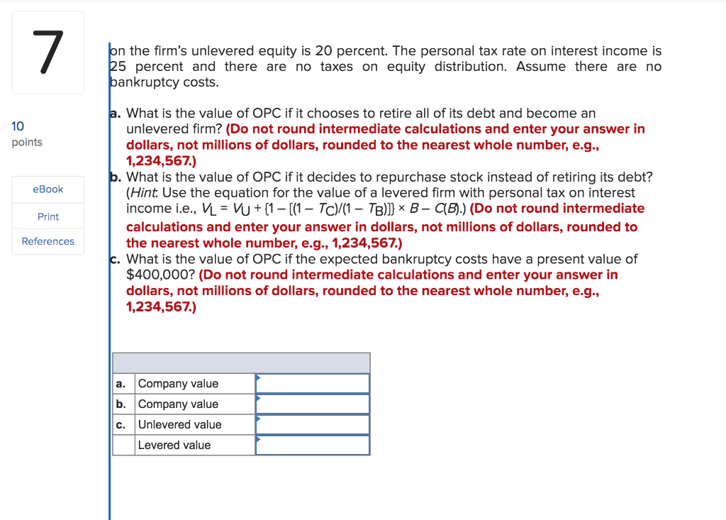 Solved Problem 17-10 Personal Taxes, Bankruptcy Costs, and | Chegg.com