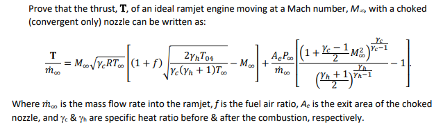 Solved Prove that the thrust, T, of an ideal ramjet engine | Chegg.com