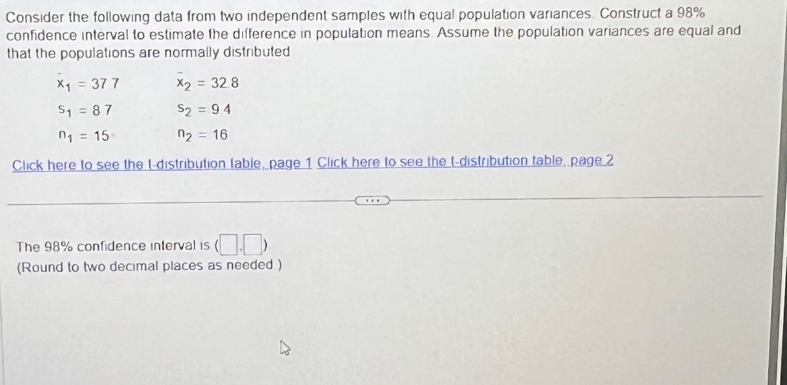 Solved Consider the following data from two independent | Chegg.com