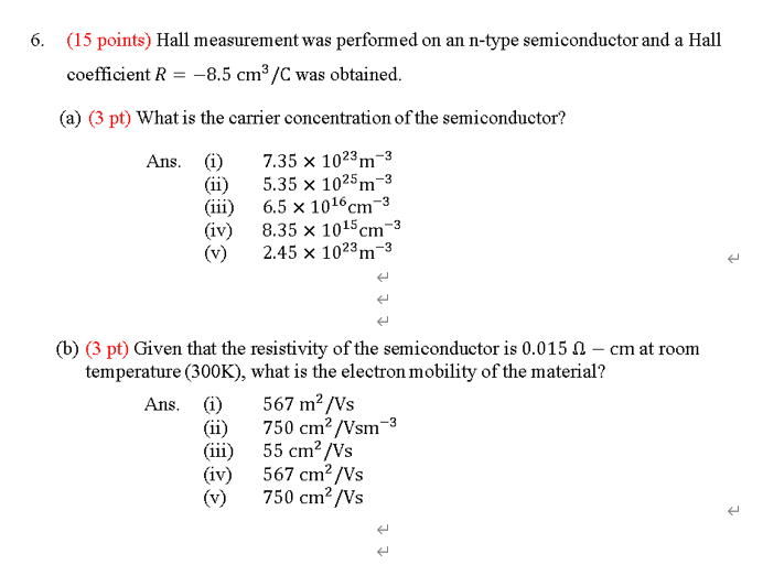 Solved 6. (15 points) Hall measurement was performed on an | Chegg.com