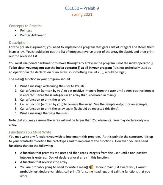 Solved CS1050 - Prelab 9 Spring 2021 Concepts to Practice | Chegg.com