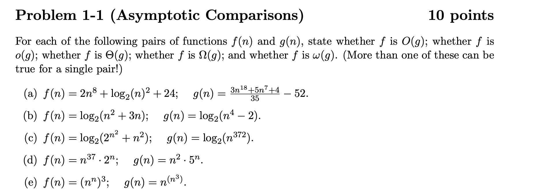 Solved Problem 1-1 (Asymptotic Comparisons)10 ﻿pointsFor | Chegg.com
