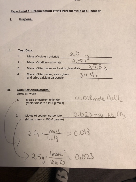 Solved Experiment 1: Determination of the Percent Yield of a | Chegg.com