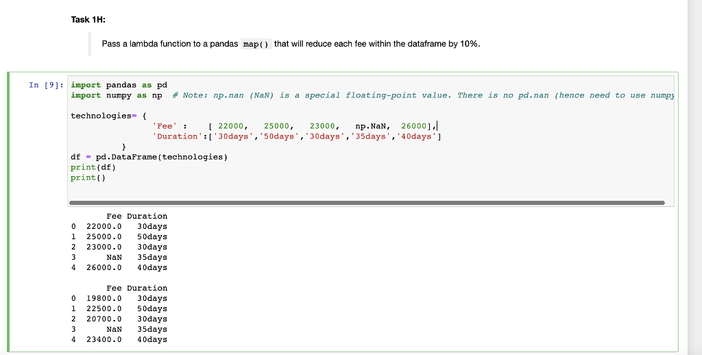 Solved Task 1H: Pass a lambda function to a pandas map() | Chegg.com