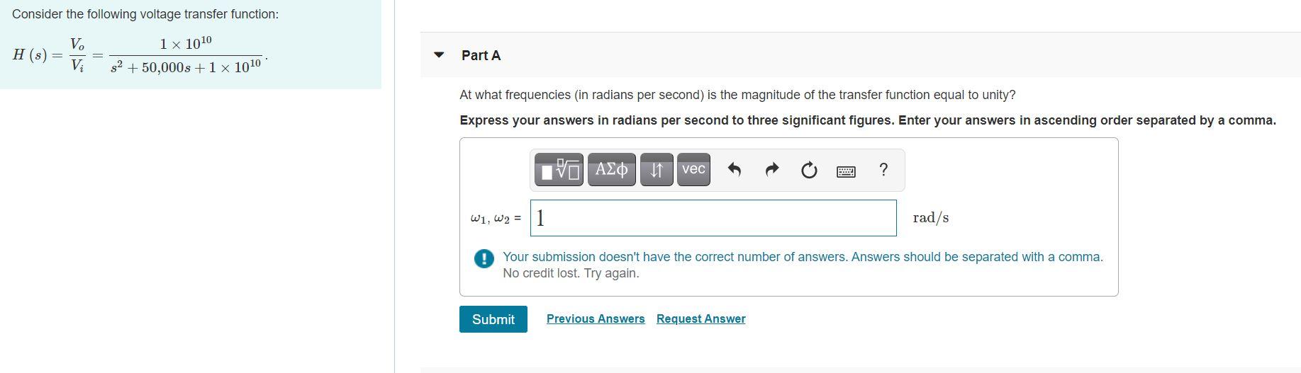 Solved Consider the following voltage transfer function: | Chegg.com
