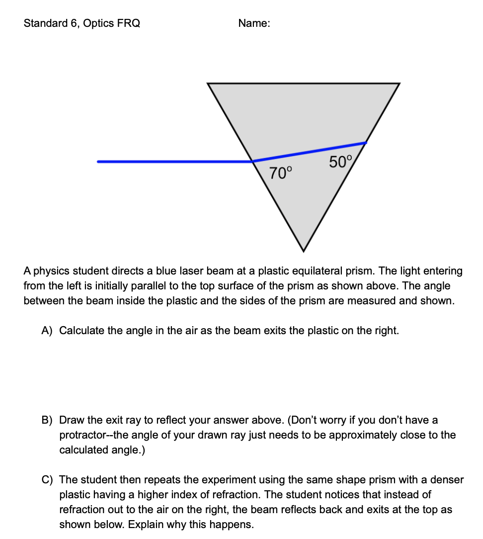 Solved Standard 6, Optics FRQ Name: 50% 70° A physics | Chegg.com
