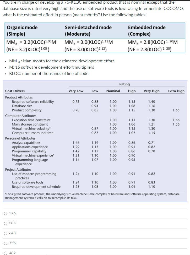 Solved You are in charge of developing a 76-KLOC embedded | Chegg.com