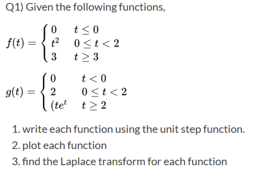 Solved Q1) Given the following functions, f(t) = 0 t2 3 t