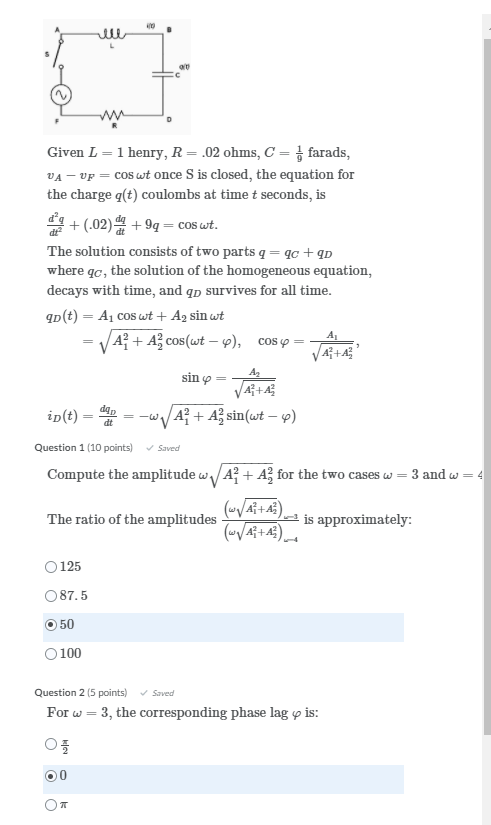 Solved 1 Given L = 1 henry, R= .02 ohms, C = farads, VA - up | Chegg.com