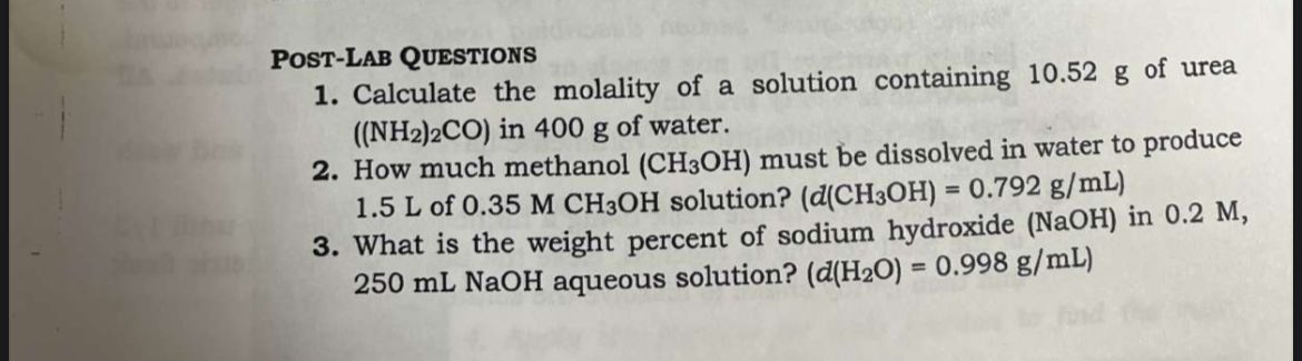 Solved Post-LaB Questions 1. Calculate the molality of a | Chegg.com