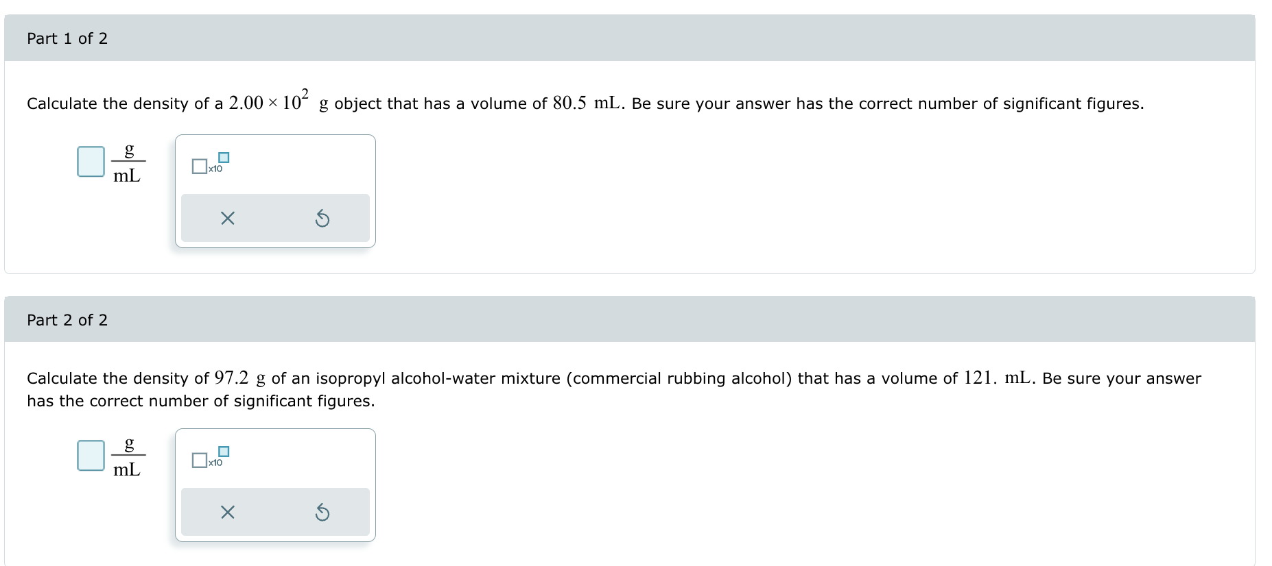 Solved Part 1 ﻿of 2Calculate the density of a 2.00×102g | Chegg.com