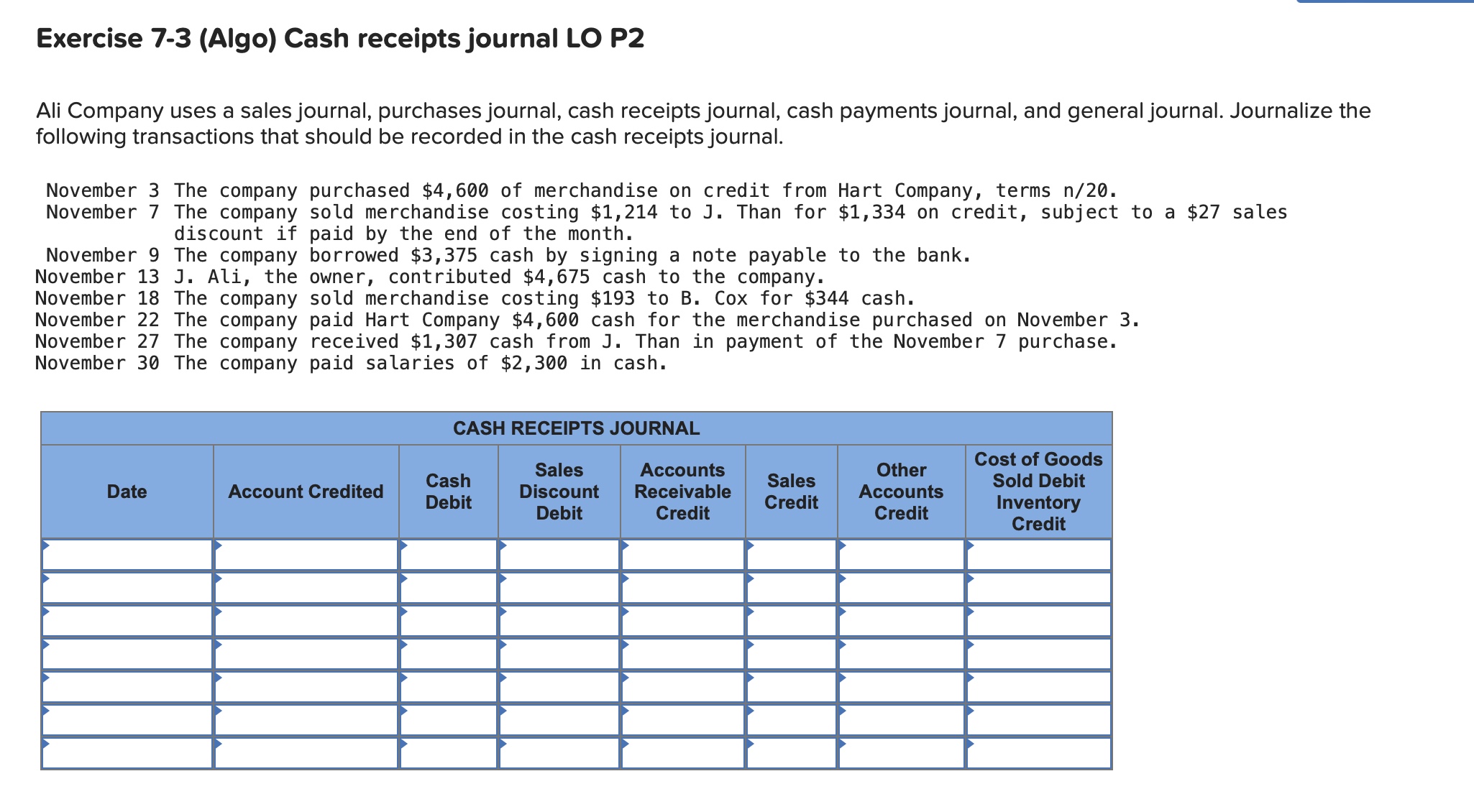 Solved Exercise 7-3 (Algo) Cash receipts journal LO P2 Ali | Chegg.com