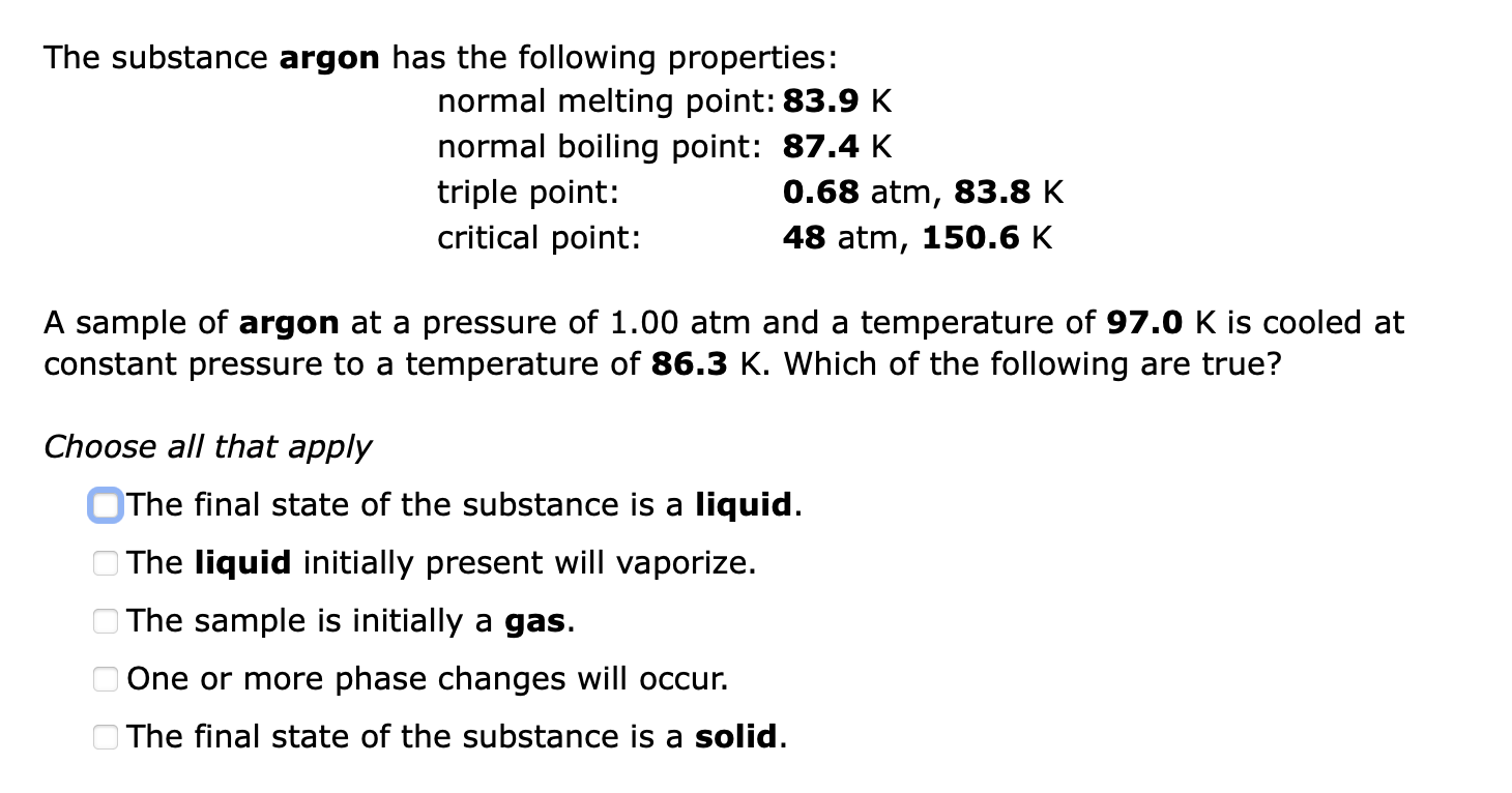 Solved The substance argon has the following properties: | Chegg.com