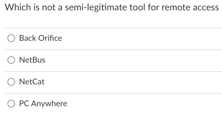 Solved Which is not a semi-legitimate tool for remote access | Chegg.com