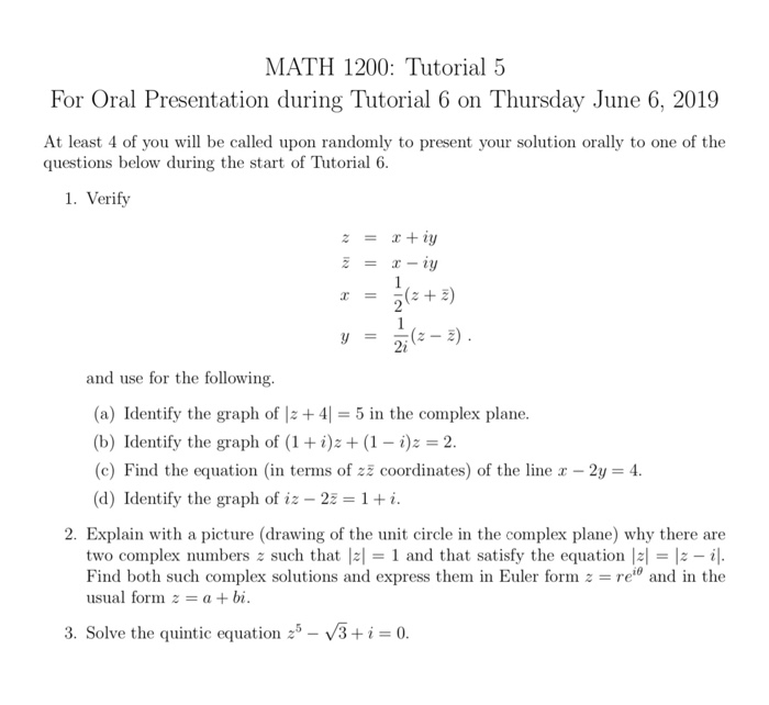Solved MATH 1200: Tutorial 5 For Oral Presentation during | Chegg.com