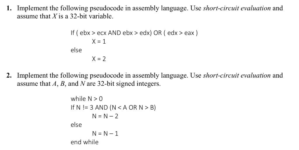1 Implement The Following Pseudocode In Assembly 