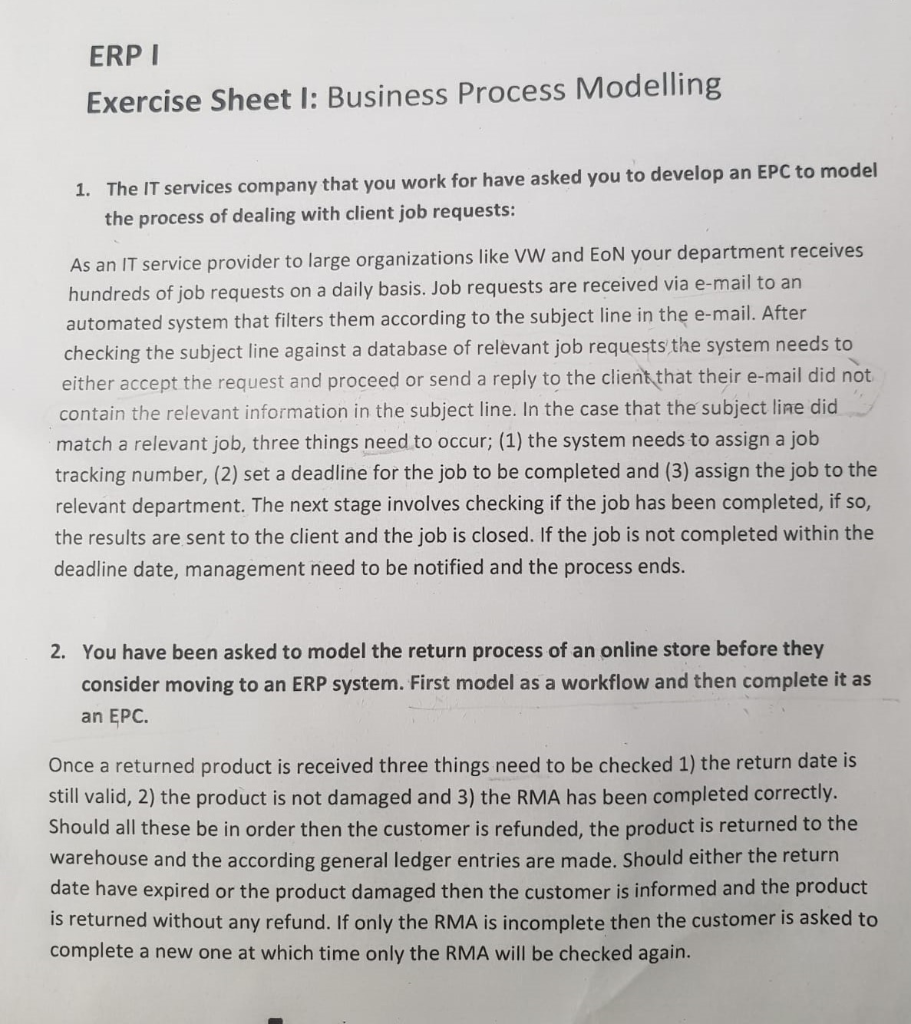 ERP I Exercise Sheet I: Business Process Modelling | Chegg.com