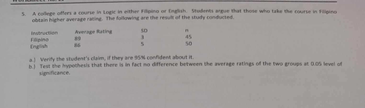 Solved A college offers a course in Logic in either Filipino | Chegg.com