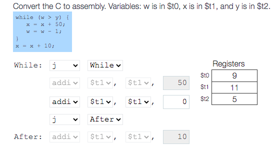 Solved Convert the C to assembly. Variables: w is in $t0, x | Chegg.com