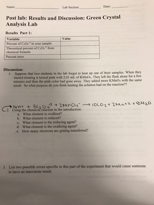 Solved Name Lab Section Date Post Lab Results And