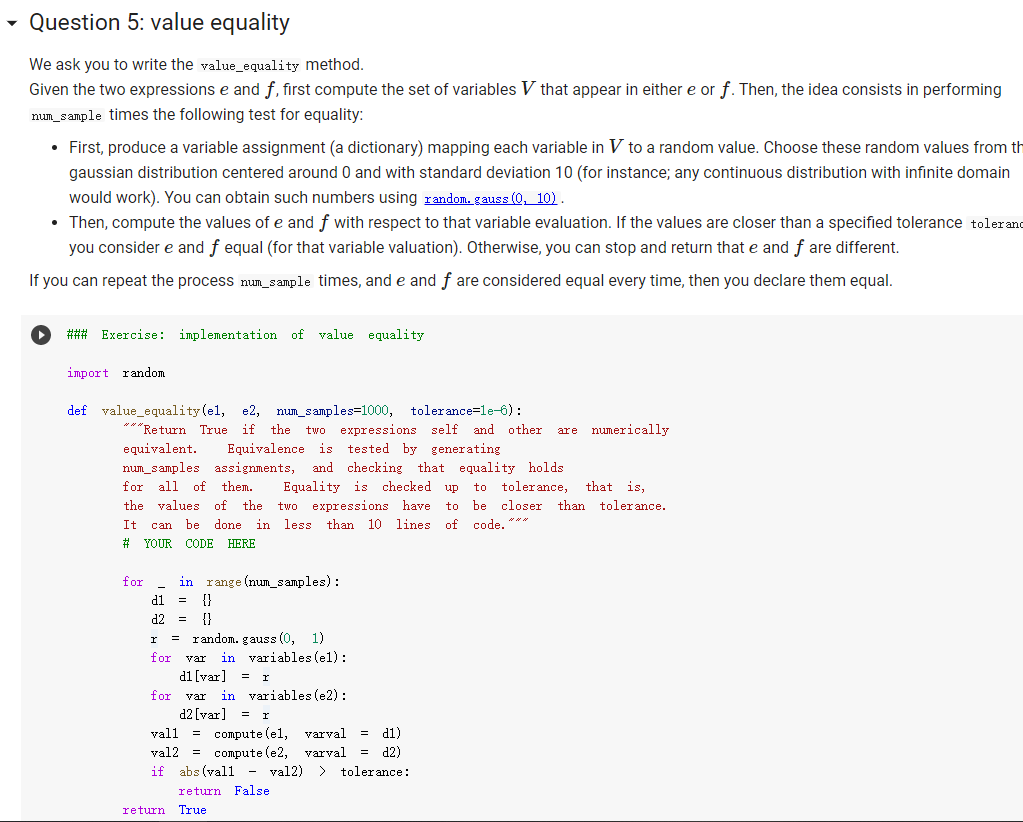 Question 5: value equality We ask you to write the | Chegg.com