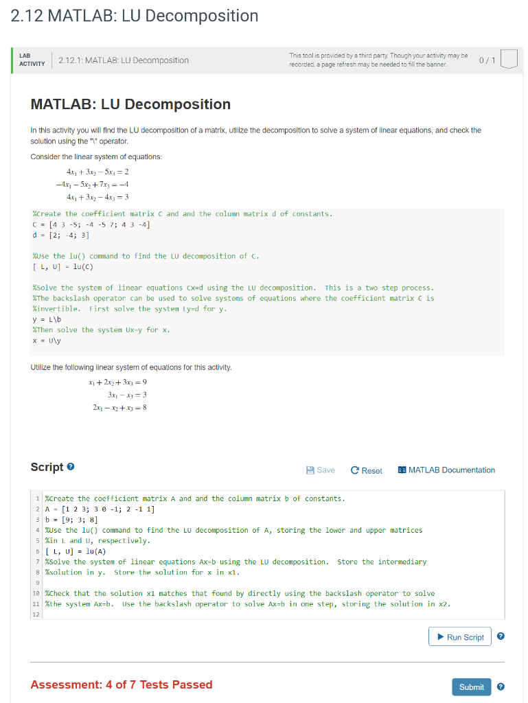 Solved 2 12 Matlab Lu Decomposition Lab Activity 2 12 1