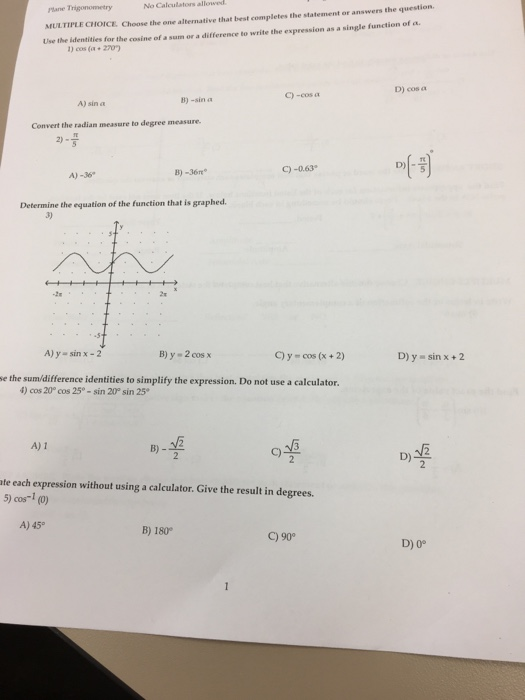 Solved Ptane Trigonometry MULTIPLE CHOICE Choose the one | Chegg.com