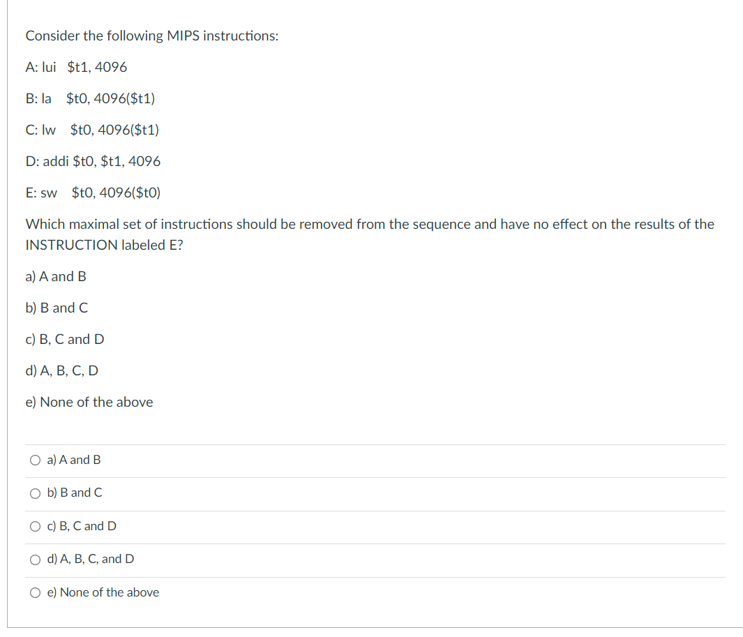 Solved Consider the following MIPS instructions: A: lui $t1, | Chegg.com