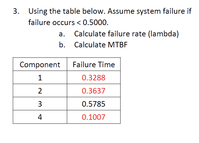 3. Using the table below. Assume system failure if failure occurs 3. Using the table below. Assume system failure if failure occurs