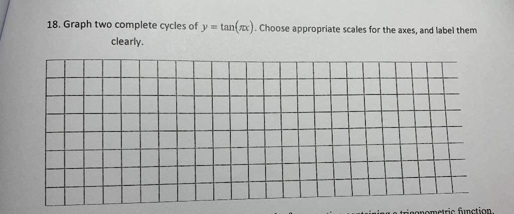 Solved 18. Graph two complete cycles of y=tan(πx). Choose | Chegg.com
