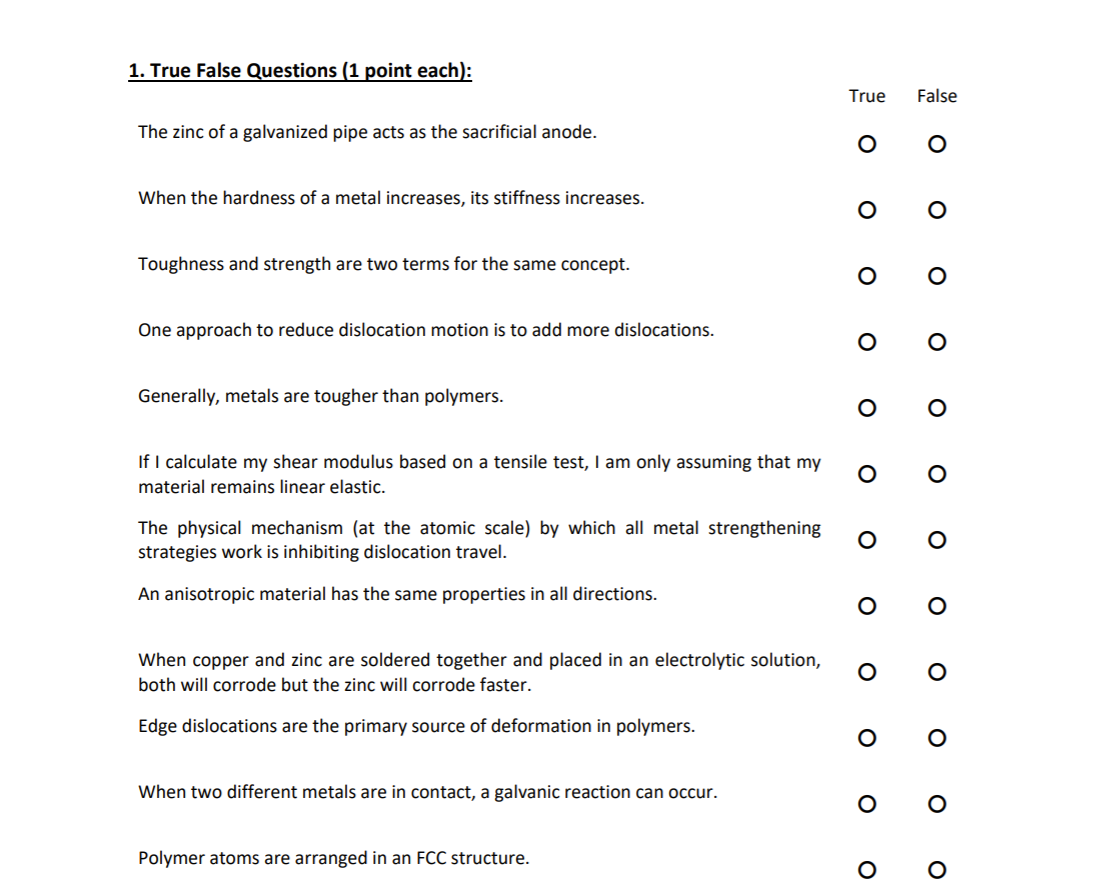 Solved 1. True False Questions (1 point each): True False | Chegg.com