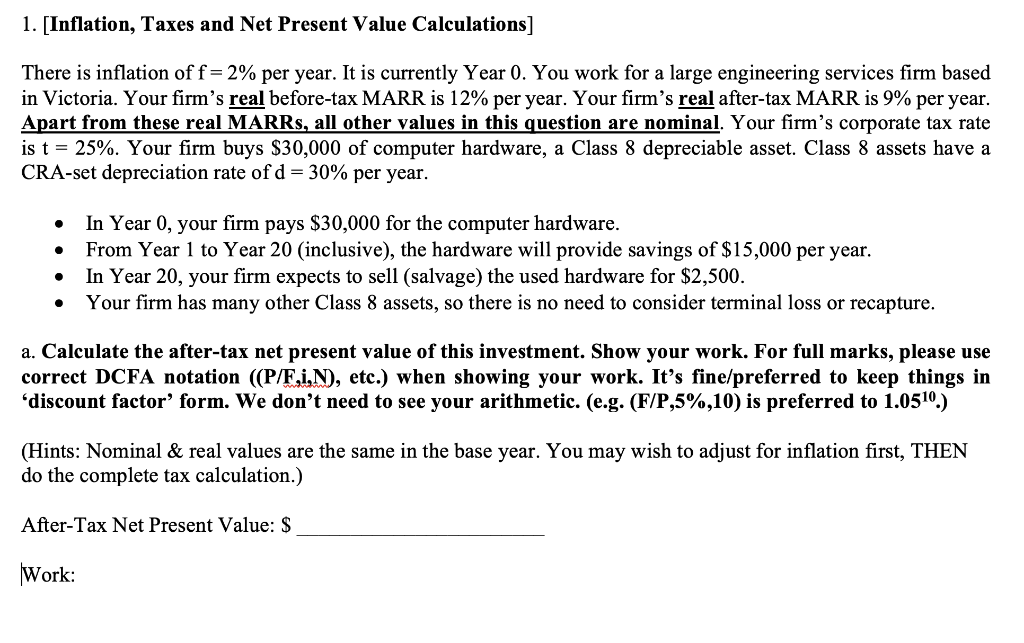 Solved 1. [Inflation, Taxes and Net Present Value | Chegg.com