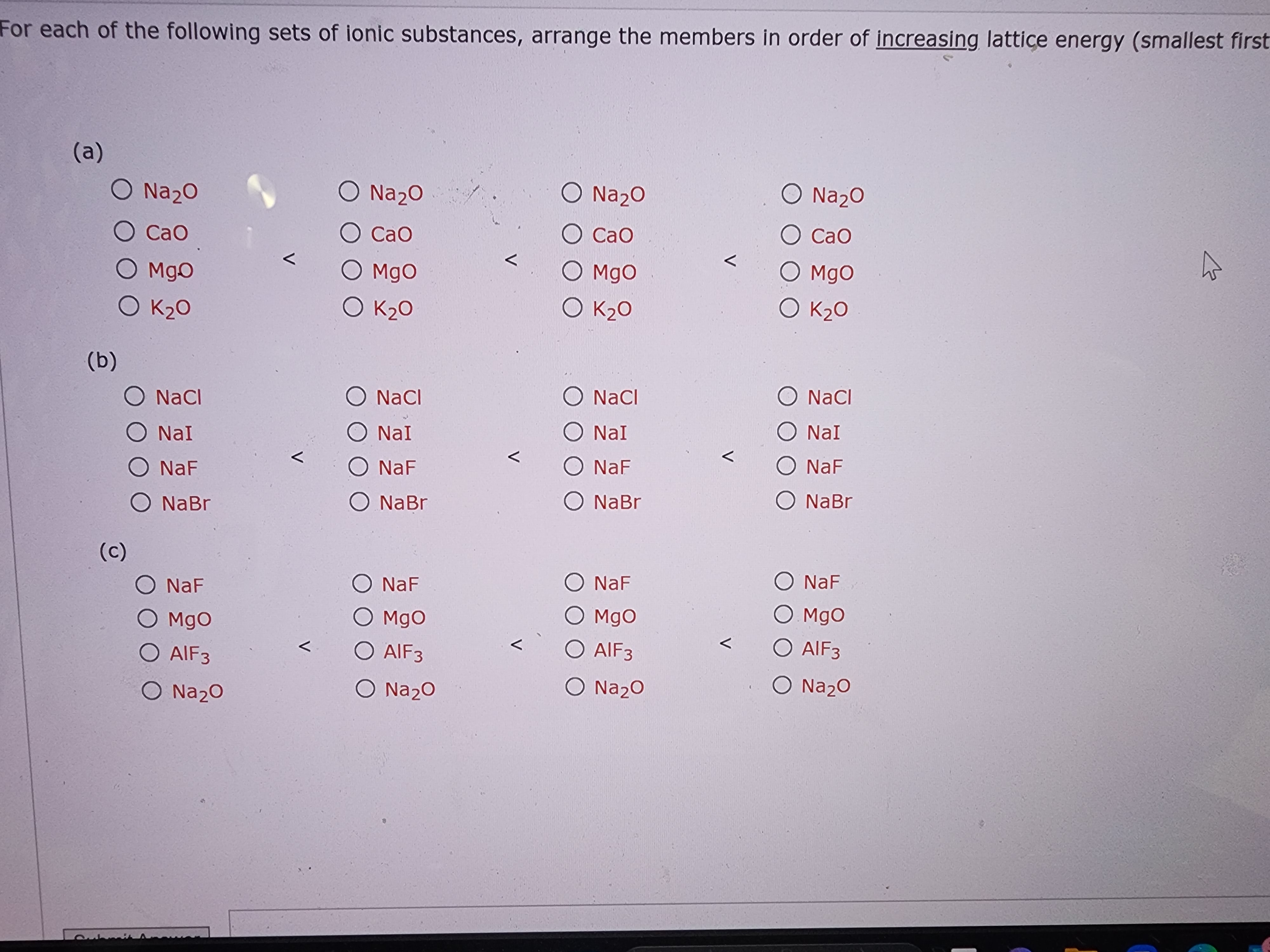 or each of the following sets of ionic substances, | Chegg.com
