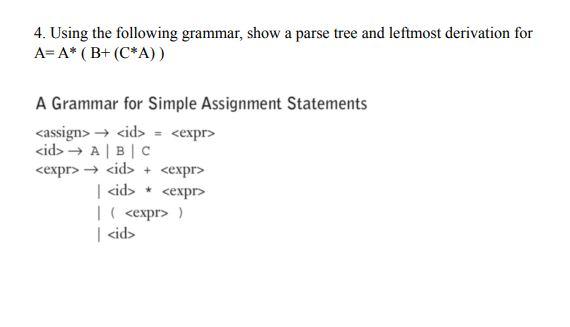 Solved 4. Using the following grammar, show a parse tree and | Chegg.com