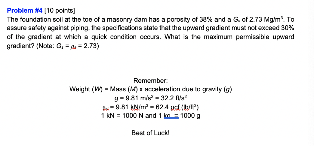 Solved Problem #4 [10 points] The foundation soil at the toe | Chegg.com