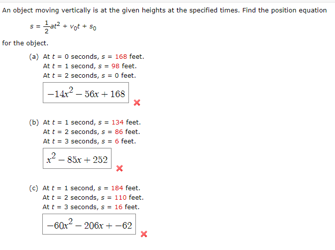 Solved An object moving vertically is at the given heights | Chegg.com